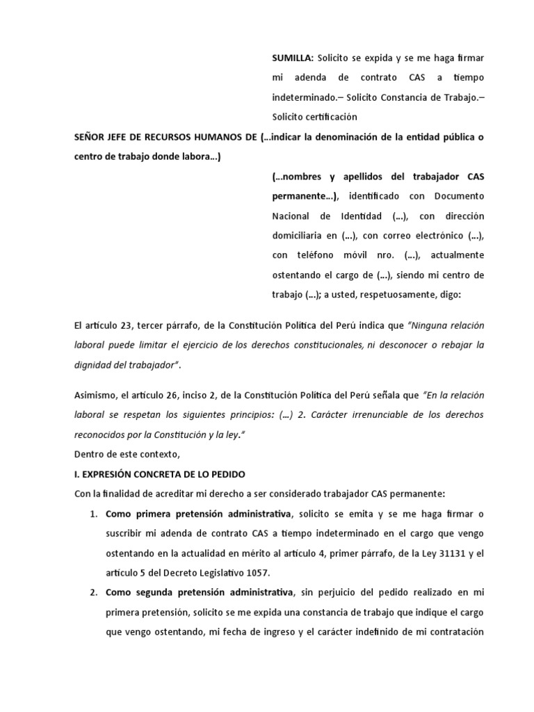 Modelo de Solicitud de Adenda de Contrato CAS A Plazo Indefinido | PDF ...