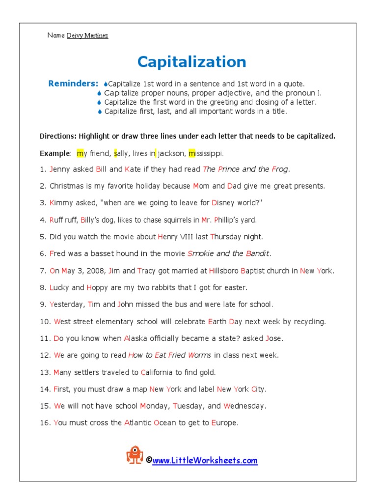 Capitalization of Sentences Worksheet Ss | PDF
