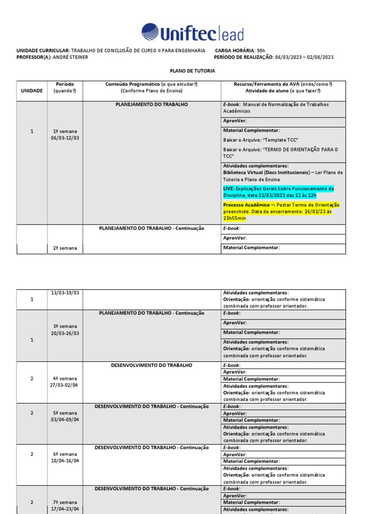 Plano De Tutoria Tcc2 Ead1 2023 Pdf