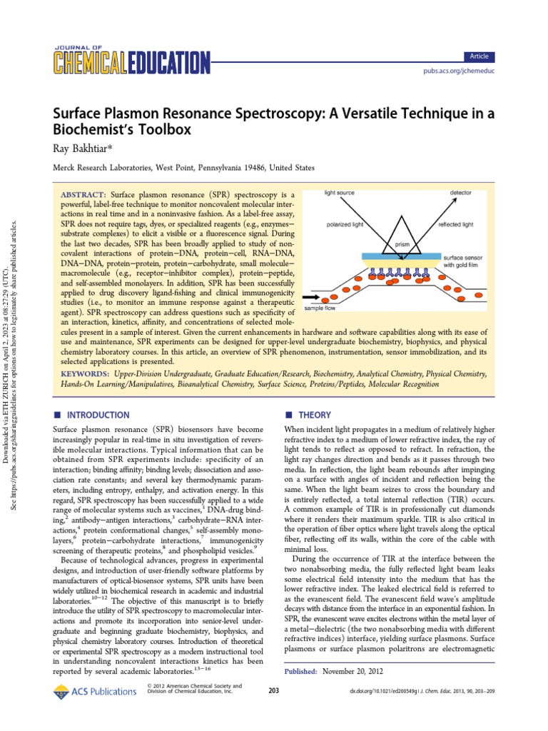 SPR Chemical Education | PDF | Surface Plasmon Resonance | Biosensor