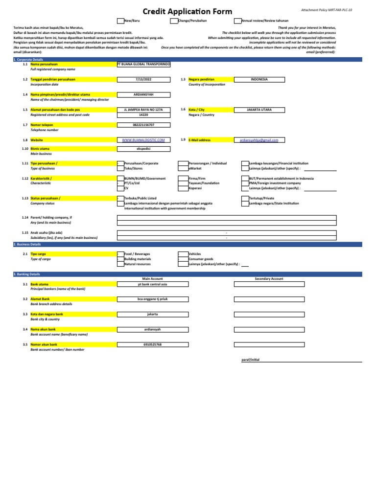 Form Credit Application R8 Buana Global | PDF