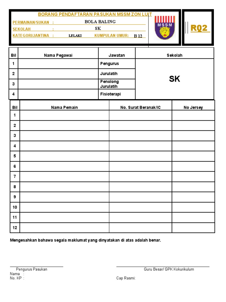 Borang Pendaftaran Bola Baling MSSM Zon LUit (L) | PDF