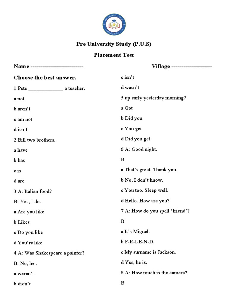 Pre University Study (Placement Test) | PDF