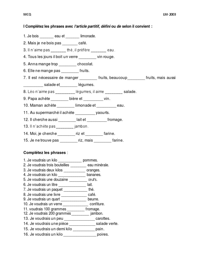 Exercices sur les articles partitifs | PDF | Nourritures | Nourriture ...