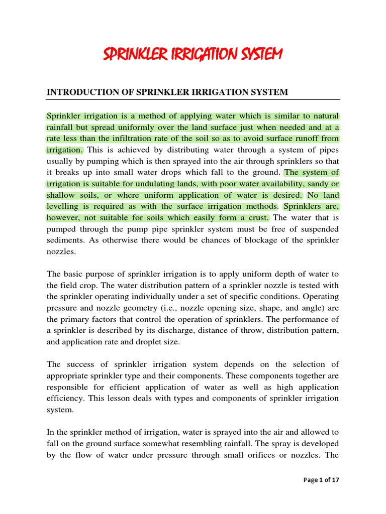 Overview of Sprinkler Irrigation System | PDF | Irrigation | Fire ...