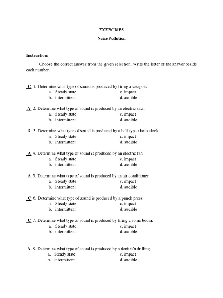 Noise Pollution Exercises and Answers | PDF | Frequency | Sound