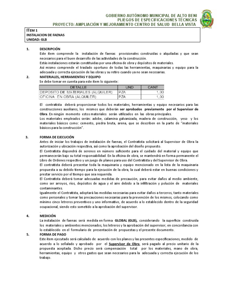 Item 1 Instalacion de Faenas Unidad: GLB 1. Descripción | PDF | Hormigón | Cemento