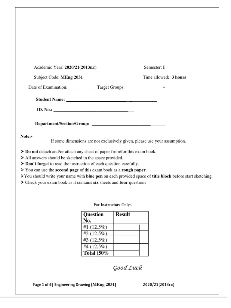Engineering Drawing Exam Sample 1 | PDF