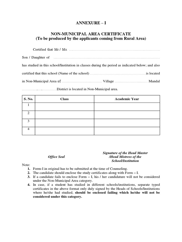 Annexure - I: Office Seal Signature of The Head Master /head Mistress ...