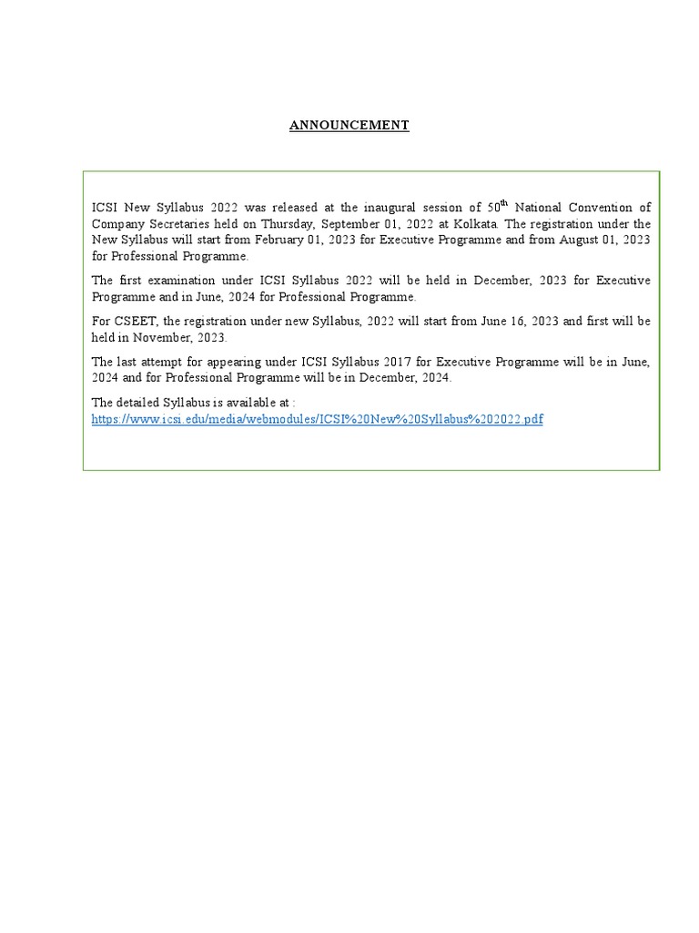 Announcement ICSI New Syllabus 2022 | PDF