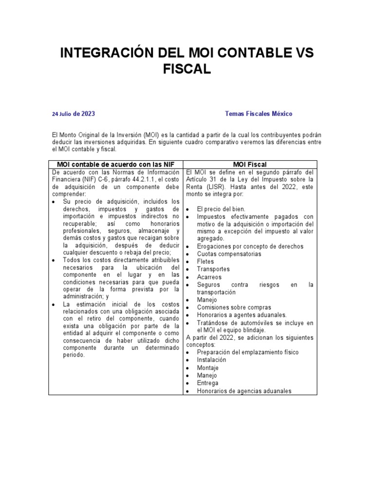 Diferencias entre MOI Contable y Fiscal | PDF | Impuestos | Contabilidad