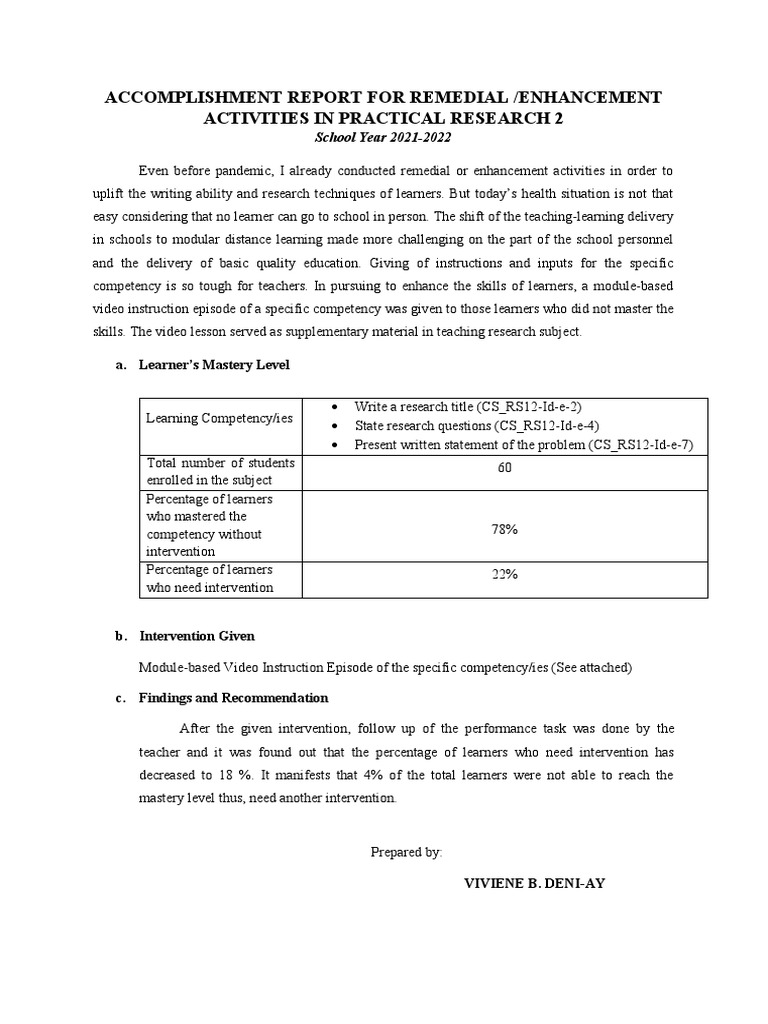Accomplishment Report For Remedial | PDF