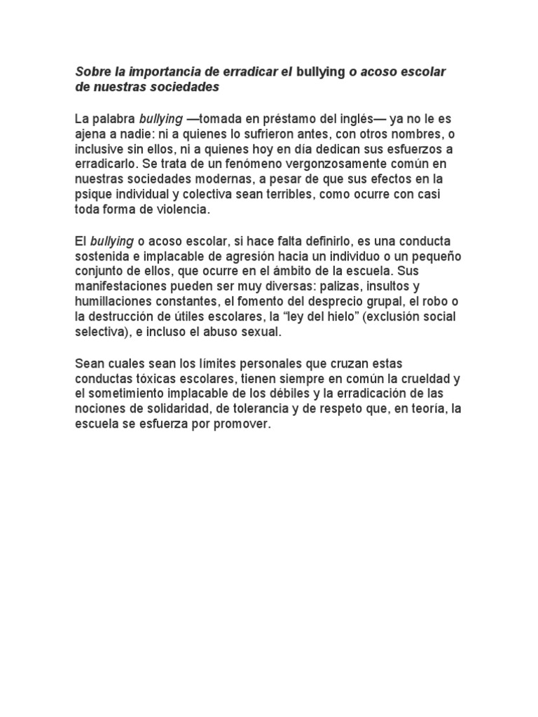 Sobre La Importancia de Erradicar El Bullying o Acoso Escolar de ...