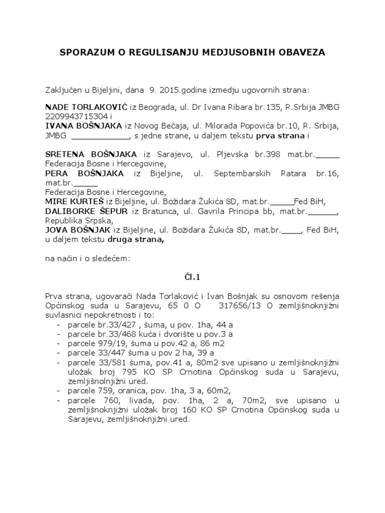 Sporazum o Regulisanju Medjusobnih Obaveza | PDF