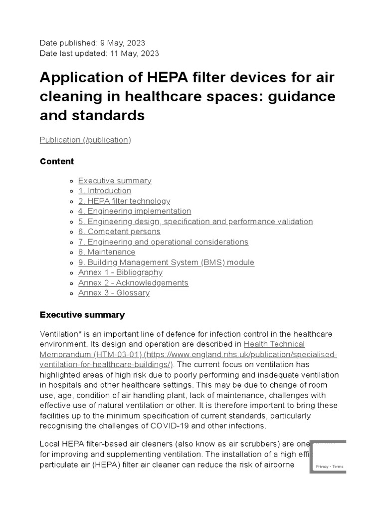 NHS - Application of HEPA filter devices for air cleaning in healthcare ...