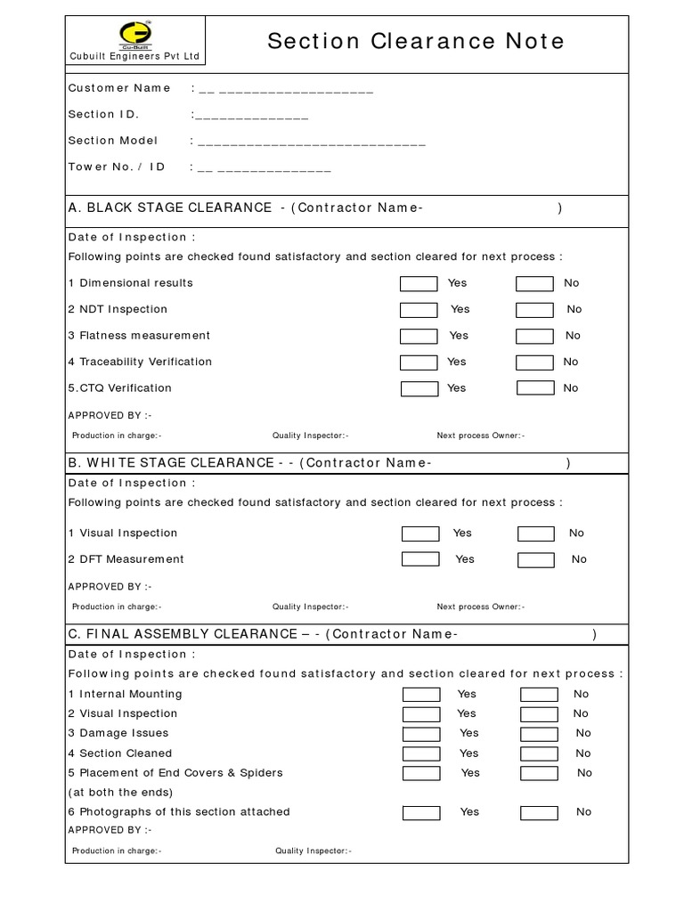 Section Clearance Note | PDF | Evaluation | Quality