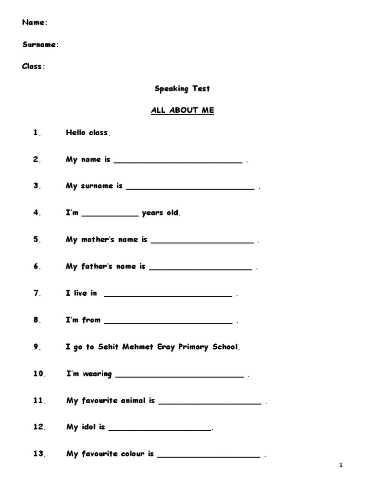 Speaking Test Template: All About Me | PDF