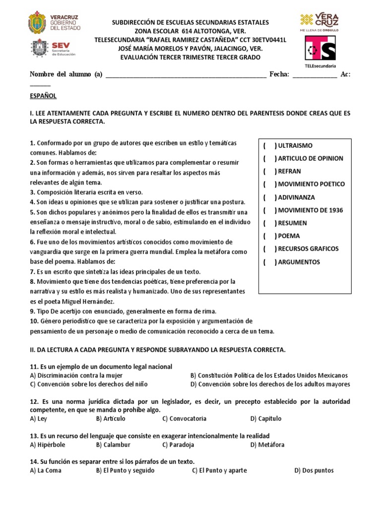EXAMEN TERCER TRIMESTRE ESPAÑOL 3° | PDF | Poesía