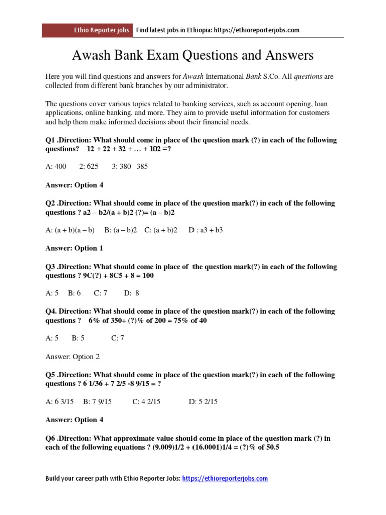 Awash Bank Exam Questions and Answers - Compressed | PDF | Banking ...