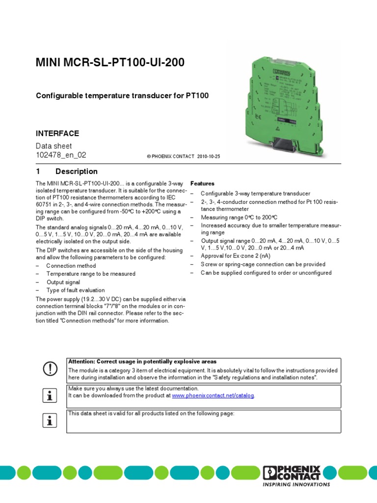 Mini MCR SL pt100 Ui 200 NC | PDF | Electrical Engineering | Electricity