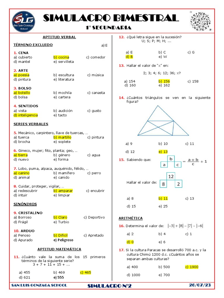 Simulacro 1°sec. | PDF | Funciones trigonométricas