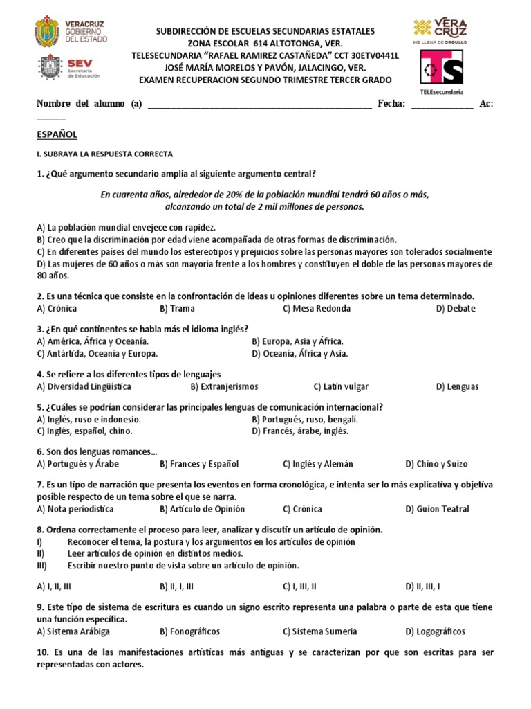 Examen Recuperacion Segundo Trimestre Español 3° | PDF | Lengua española | Asia