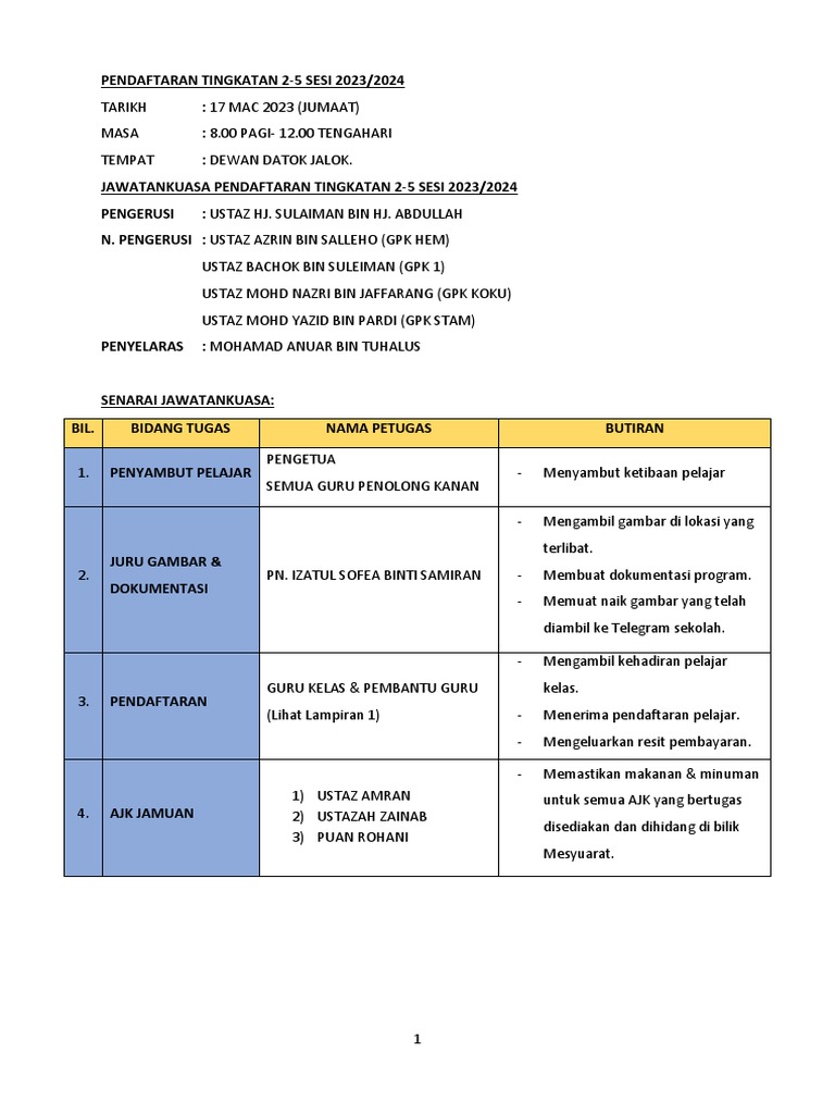 Senarai Ajk Pendaftaran Tingkatan 2-5 2023. | PDF