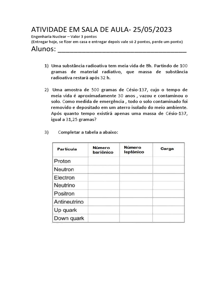 Exercicio Nuclear Atividade em Sala 2023 1 | PDF | Tecnologia e Engenharia