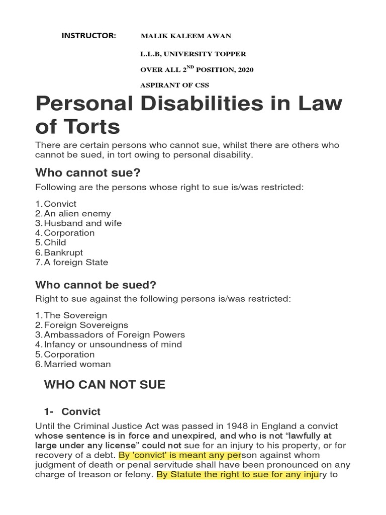 Personal Disabilities in Tort | PDF | Tort | Legal Liability