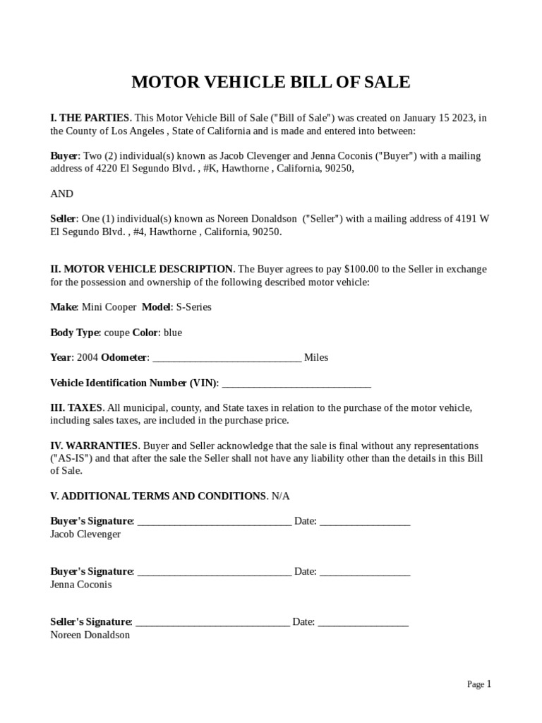 Official Bill of Sale 2023-07-13 | PDF | Sales | Bill Of Sale