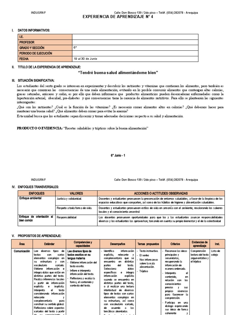 6° Grado - Experiencia de Aprendizaje N°04 | PDF | Alimentos | Decimal