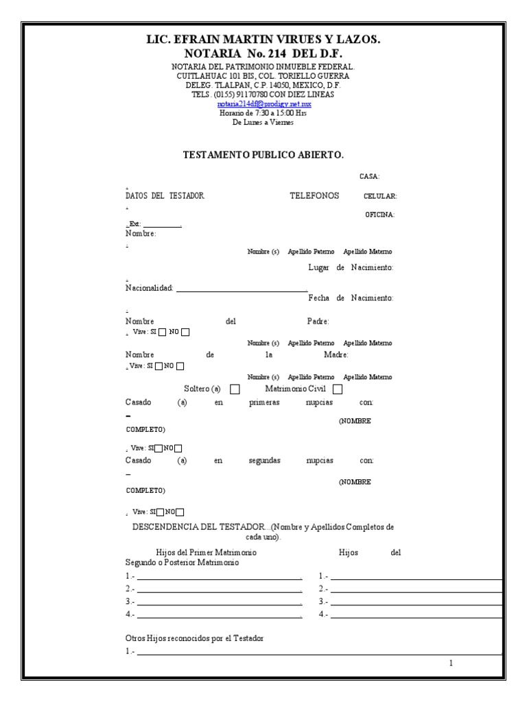 Formato de Testamento | Descargar gratis PDF | Herencia | Derecho privado