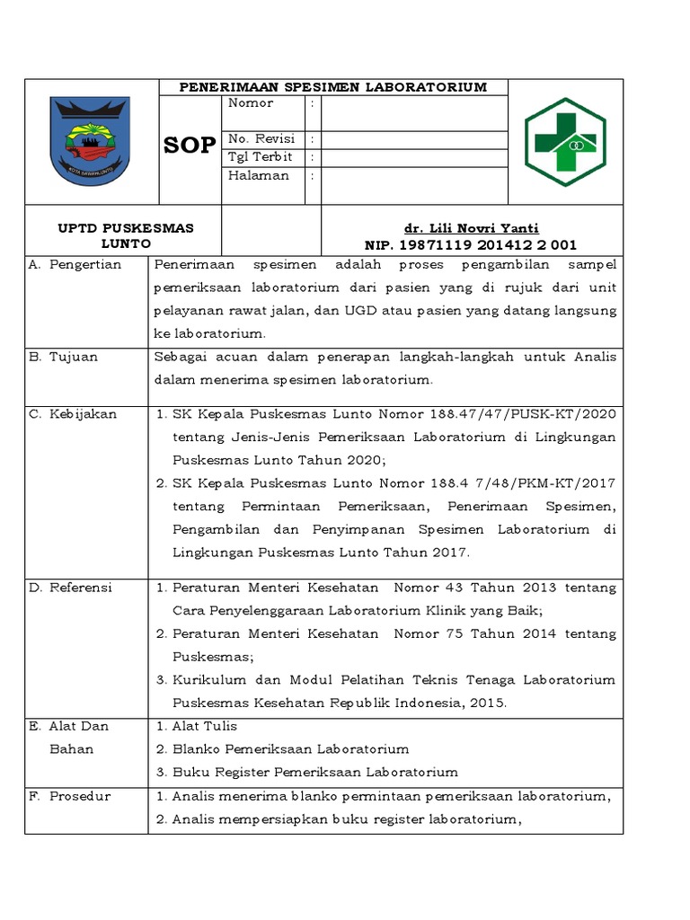 Prosedur Penerimaan Spesimen Laboratorium | PDF | Sains & Matematika