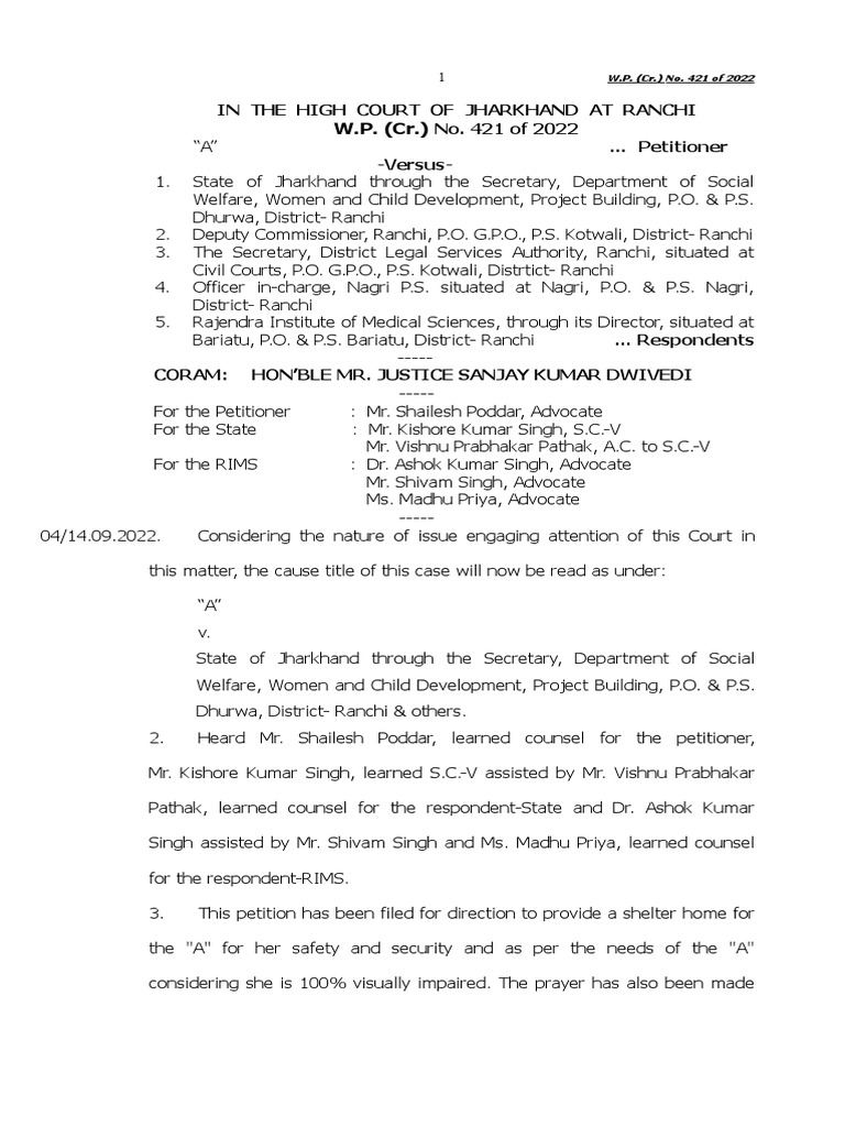 A vs. State of Jharkhand & Ors. (Jharkhand High Court Orders 10 Lakhs ...