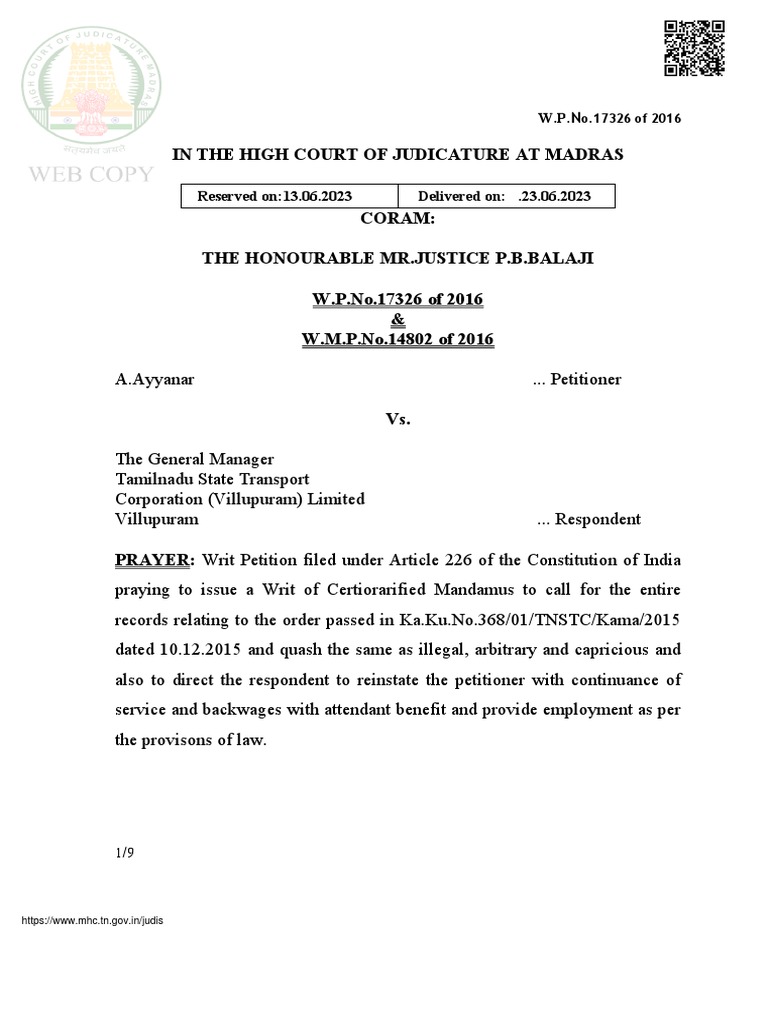 In The High Court of Judicature at Madras | PDF | Mandamus | Writ