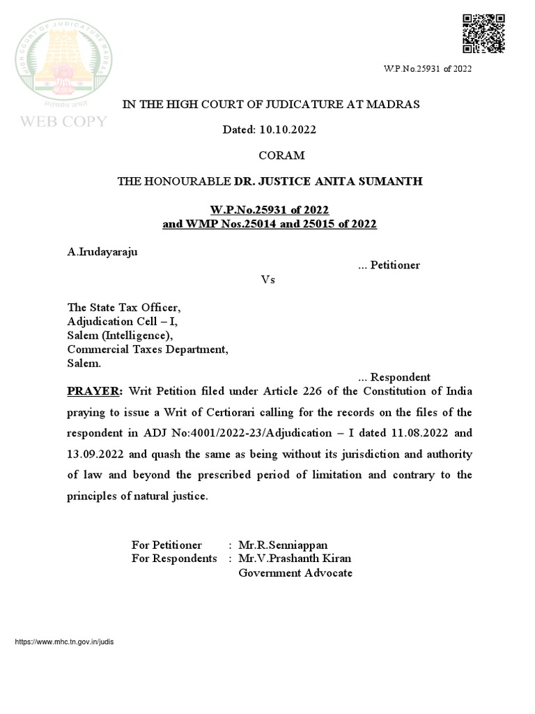 A. Irudayaraju vs. State Tax Officer, Salem (Detention Order Not Passed ...