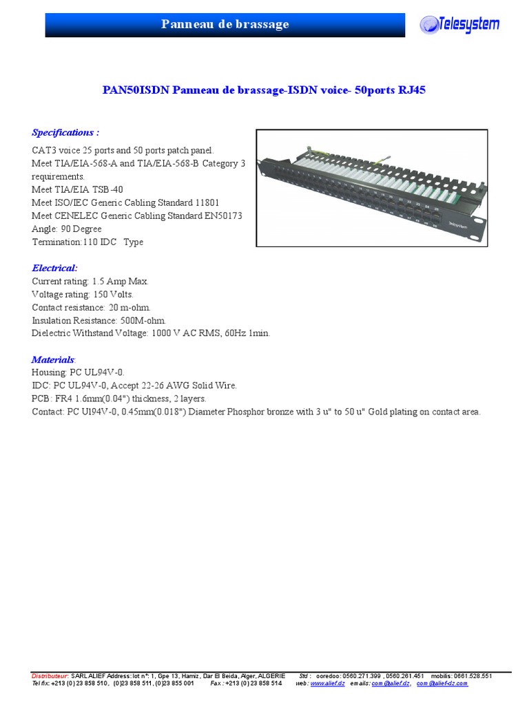 PAN50ISDN Panneau de Brassage ISDN Voice 50 Ports | PDF