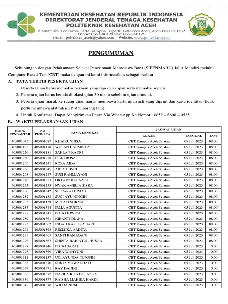 Pengumuman Lokasi Dan Jadwal Ujian Simami Poltekkes Aceh Tahun 2023 | PDF