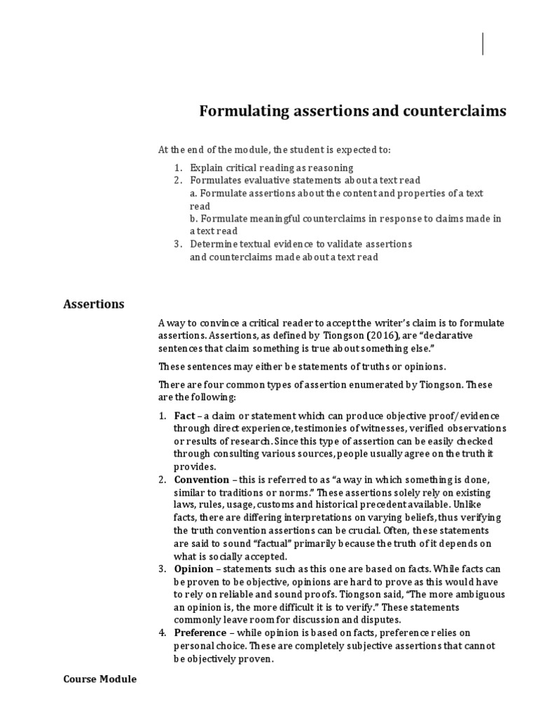 Week 14 Assertions and Counter Claim | PDF | Truth | Epistemology