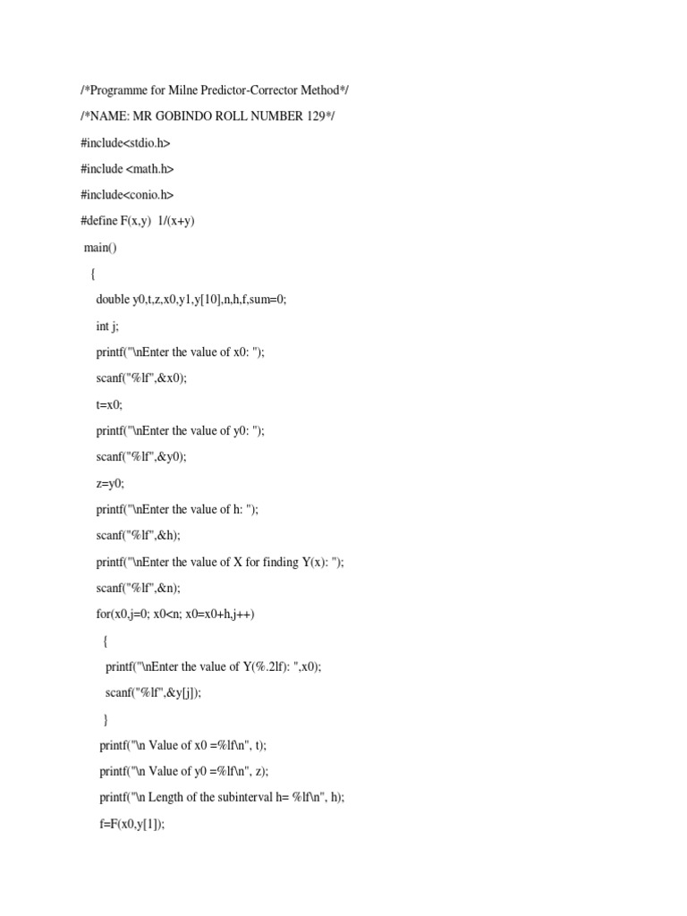 Programme For Milne Predictor Method | PDF