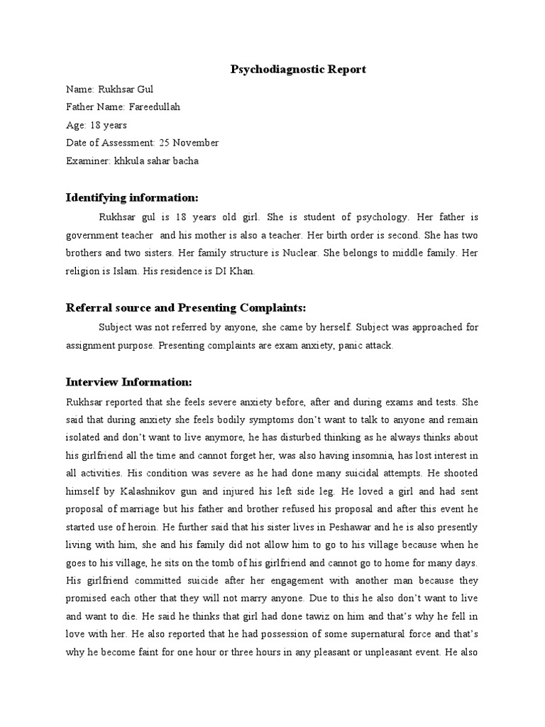 Psychodiagnostic Report 1 | PDF | Major Depressive Disorder | Psychotherapy