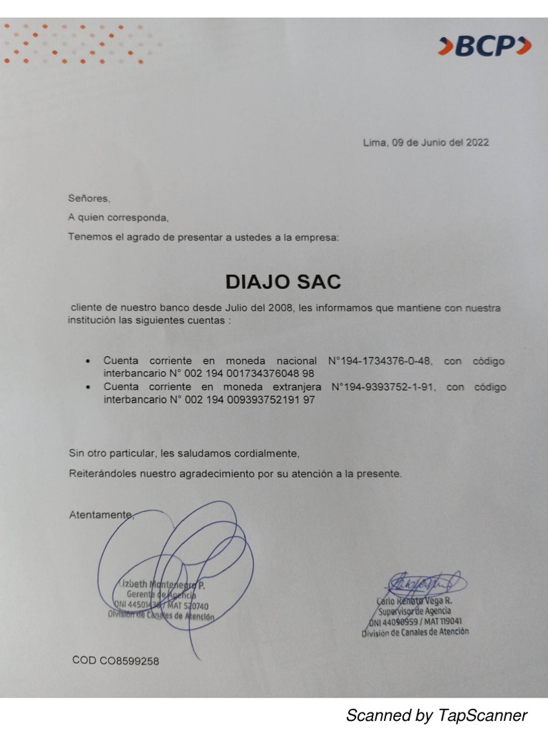 Carta Membretada BCP Cta Cte Diajo Sac Soles & Dolares | PDF