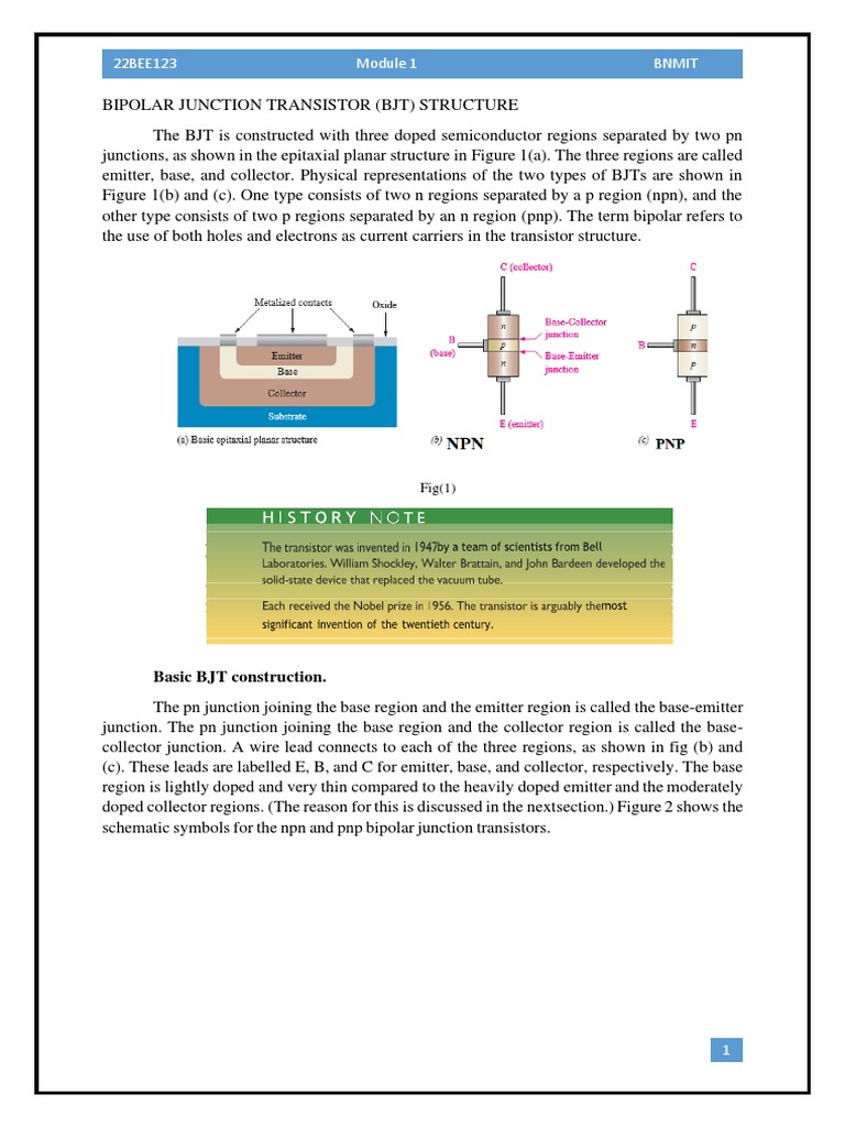 22BEE123 Bnmit: Basic BJT Construction | PDF | Bipolar Junction ...