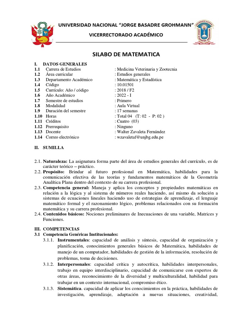 Silabo de Matematica - Emvz | PDF | Matriz (Matemáticas) | Determinante