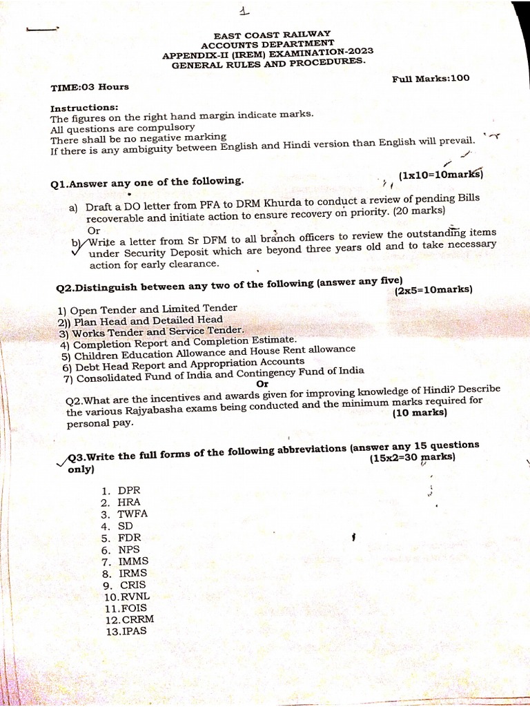 Appendix2 GRP Question Paper 2023 ECoR PDF | PDF