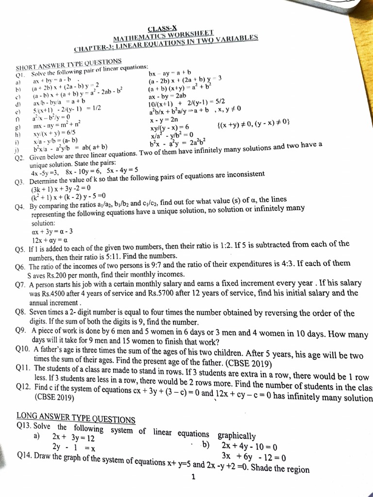 Class 8 Linear Equations Worksheet | PDF | Equations | System Of Linear ...