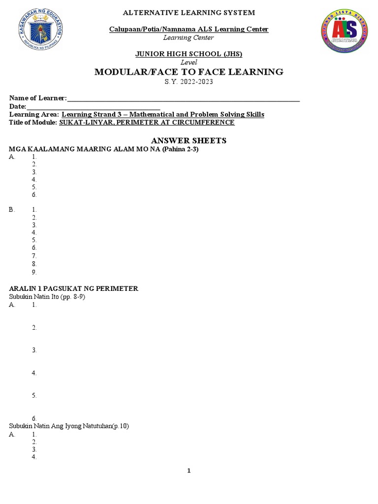 Sukat Linyar Answer Sheet | PDF | Science & Mathematics