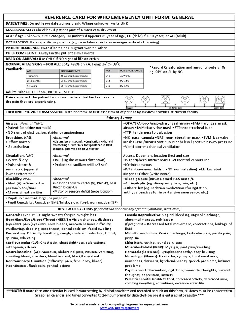 Reference Card For Who Emergency Unit Form General | PDF | Medical ...