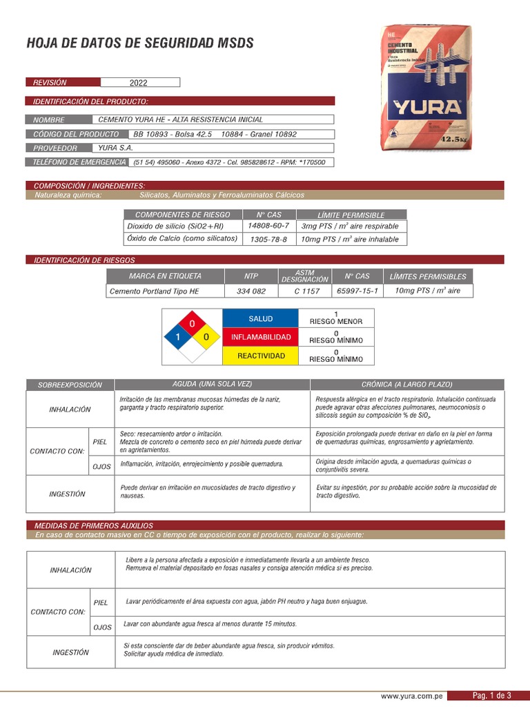 Anexo 01. Hoja de Seguridad Del Cemento Yura | PDF