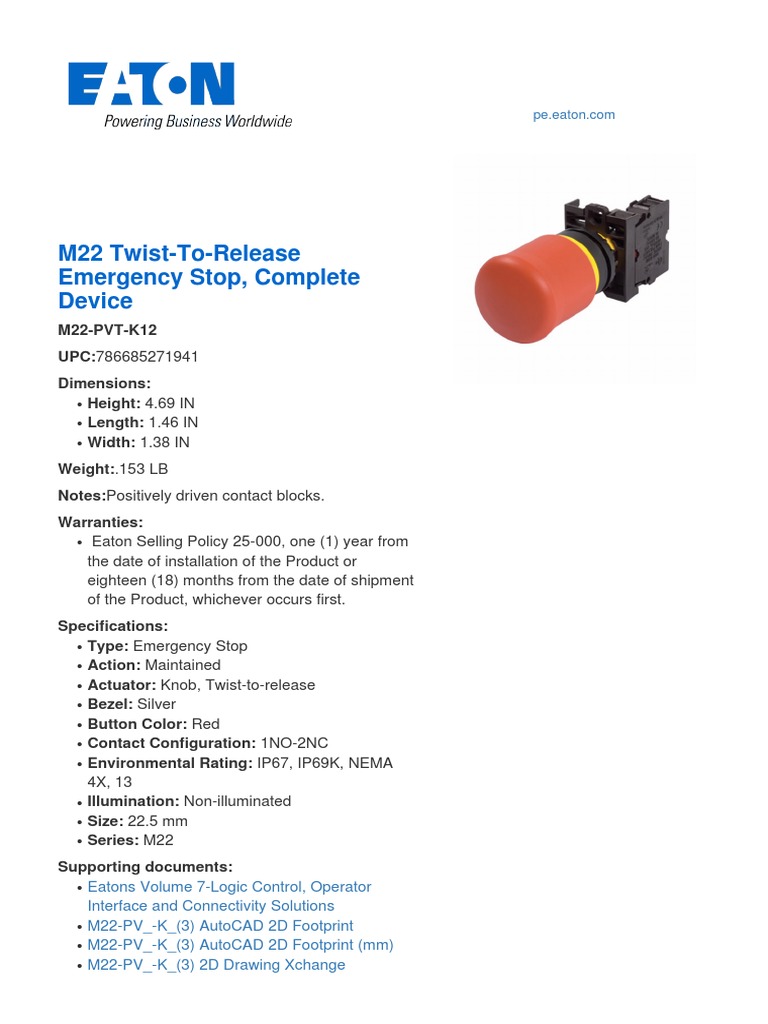 M22 Twist-To-Release Emergency Stop, Complete Device | PDF